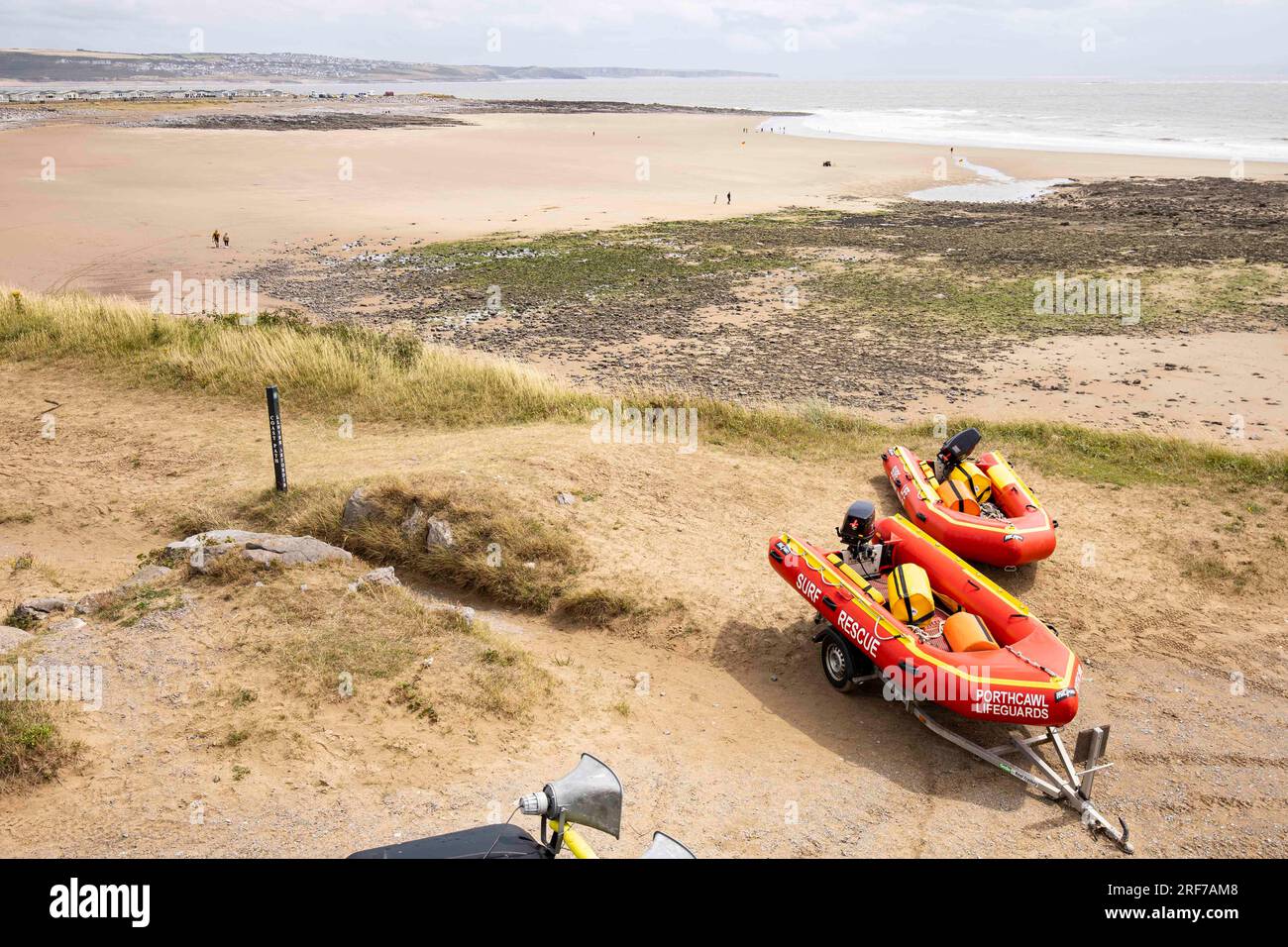 Surf Life Saving boats on stand by at Sandy Bay, Porthcawl Stock Photo ...