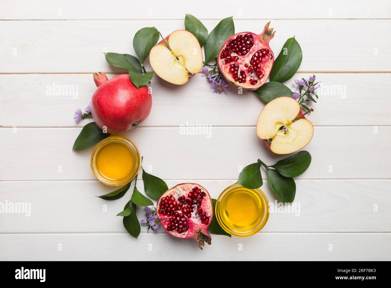 Rosh hashanah concept. Frame made of symbols jewish New Year holiday Traditional. Top view with ...