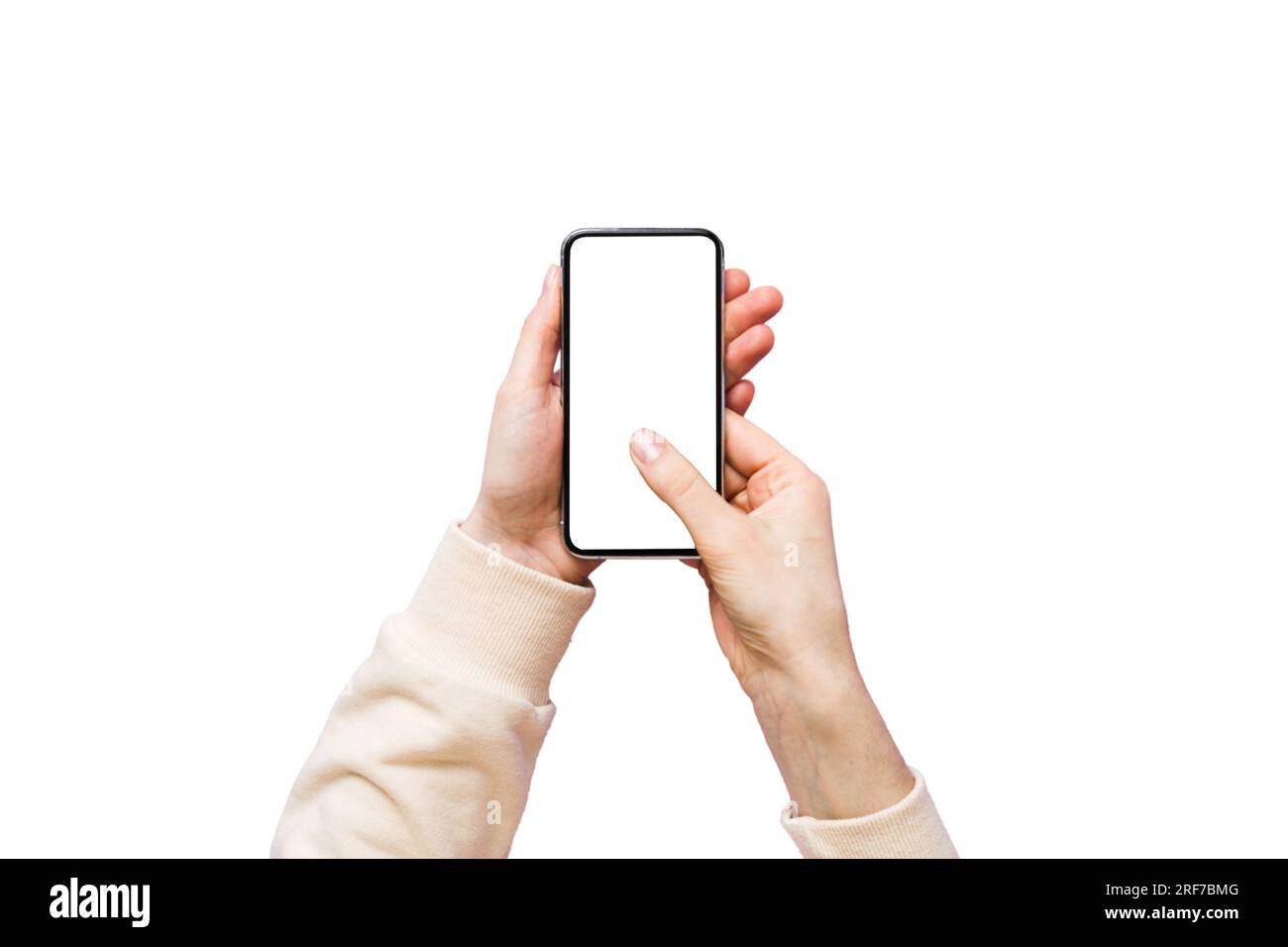 Top view of woman hands holding smart phone with blank copy space ...