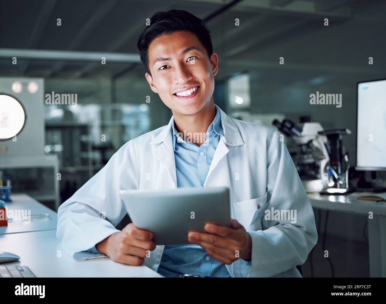 Tablet, portrait and scientist with digital innovation, data and smile ...