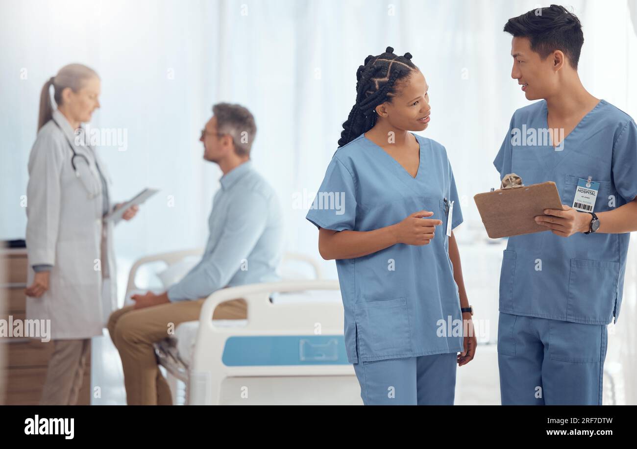 Teamwork, schedule or nurses with checklist in hospital meeting or ...