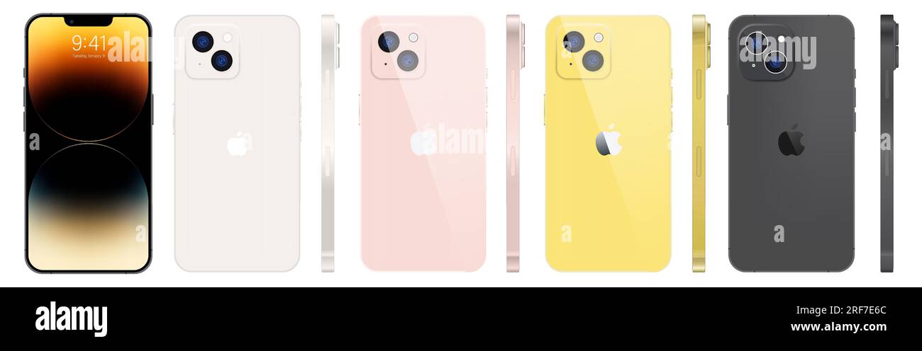 New set Iphone 14. Apple inc. smartphone with ios 14. Golden, pink ...