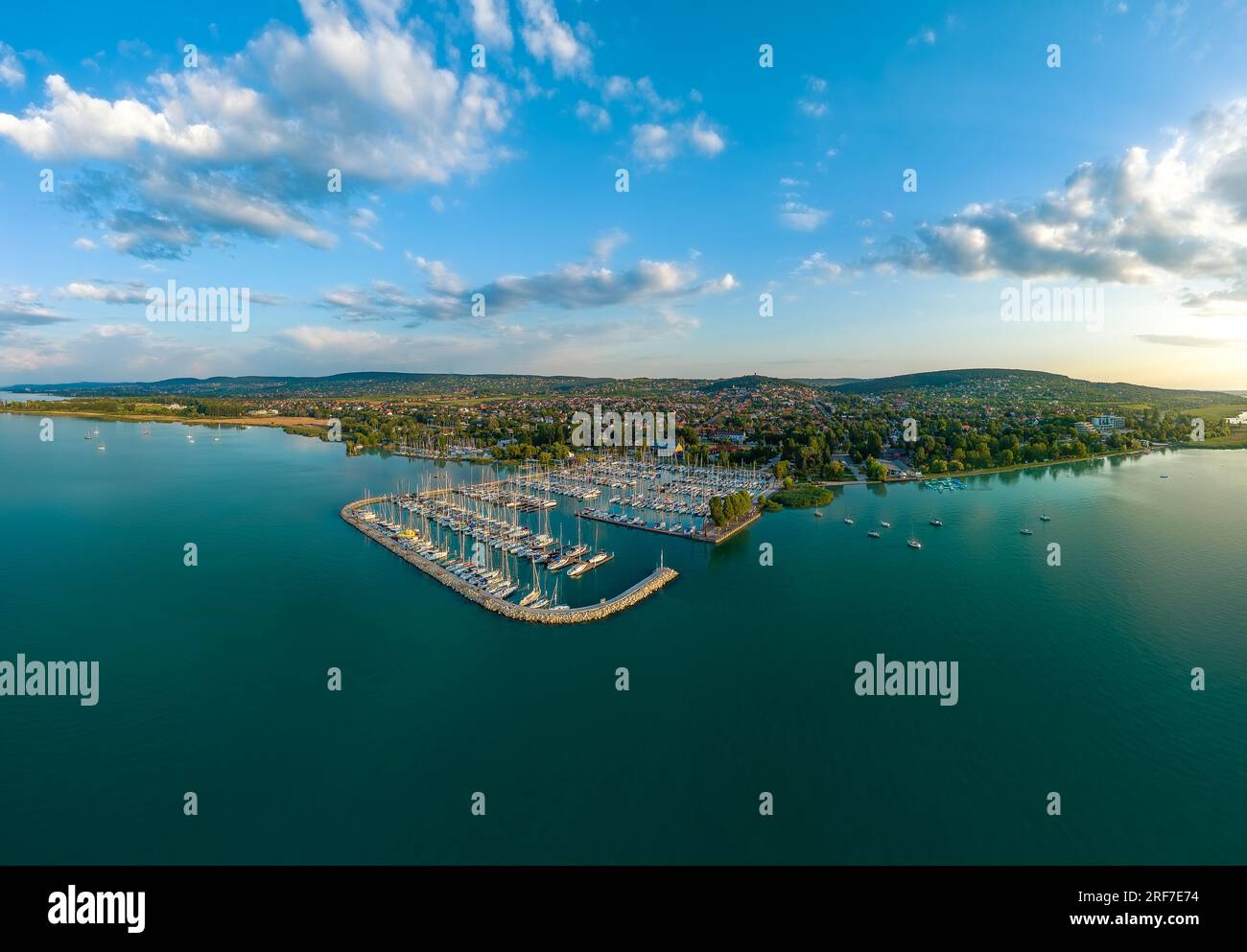 Panoramic aerial view about the pier of Alsoors town in lake Balaton in ...