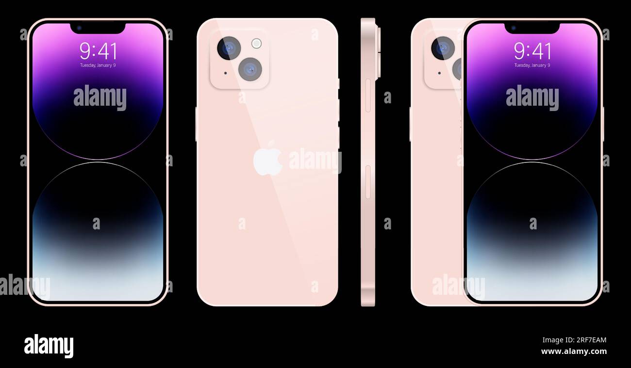 New iPhone 14 pro, pro max Deep pink color by Apple Inc. Mock-up screen iphone and back side ...