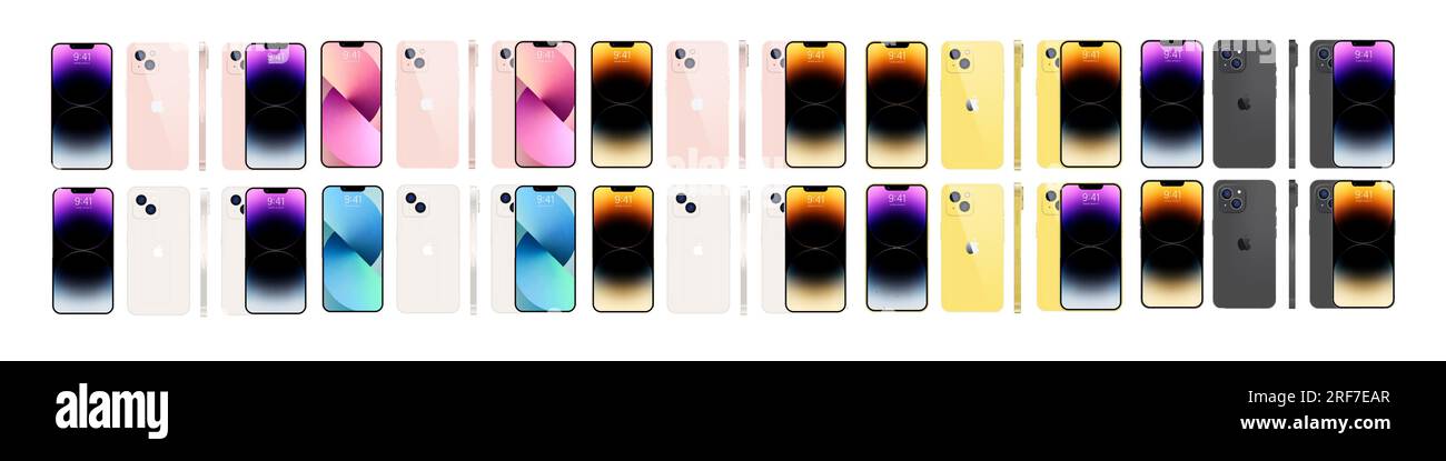 New set Iphone 14. Apple inc. smartphone with ios 14. Golden, pink ...