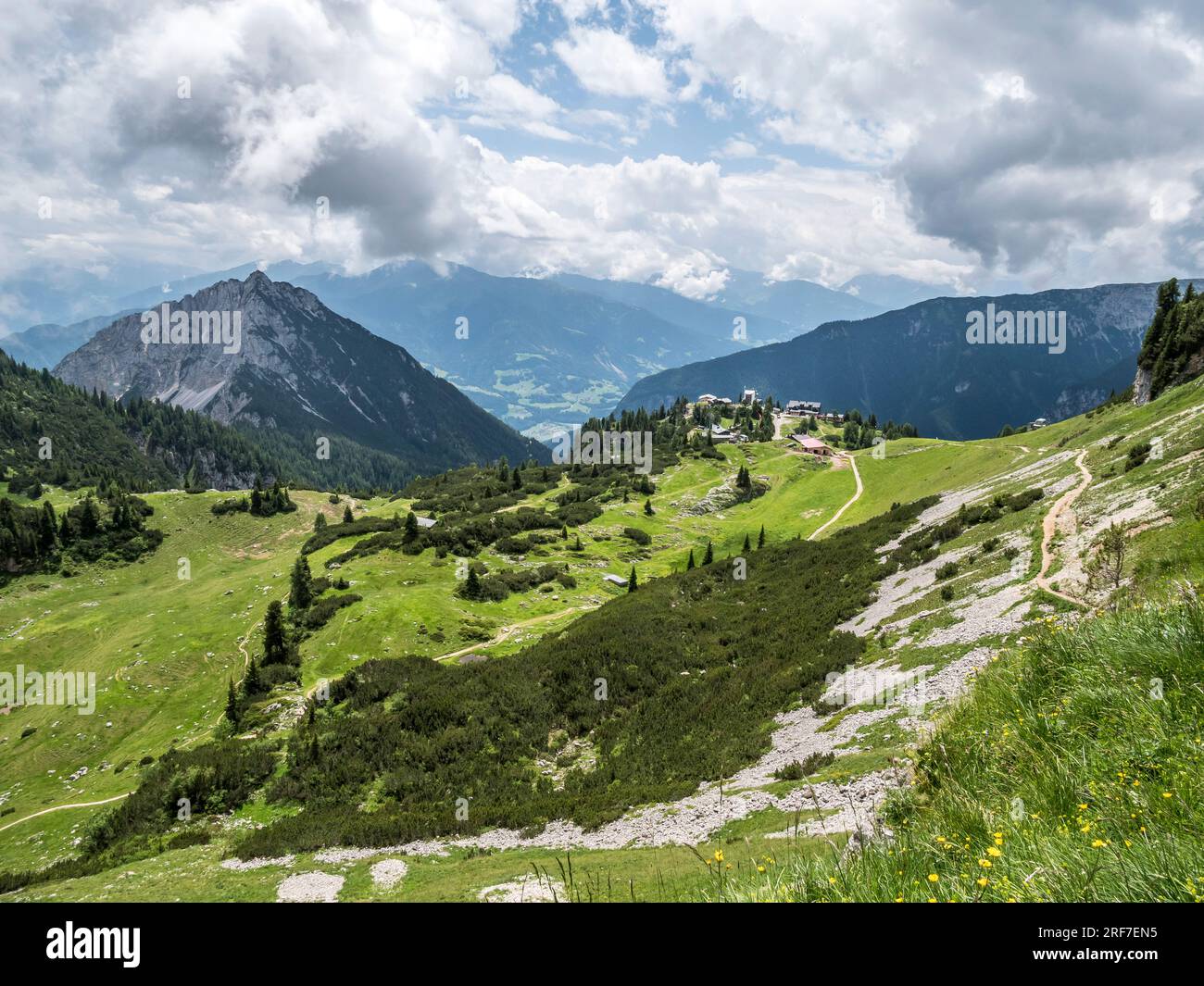 Rugged scenery in the Rofan mountains above the village of Maurach on ...
