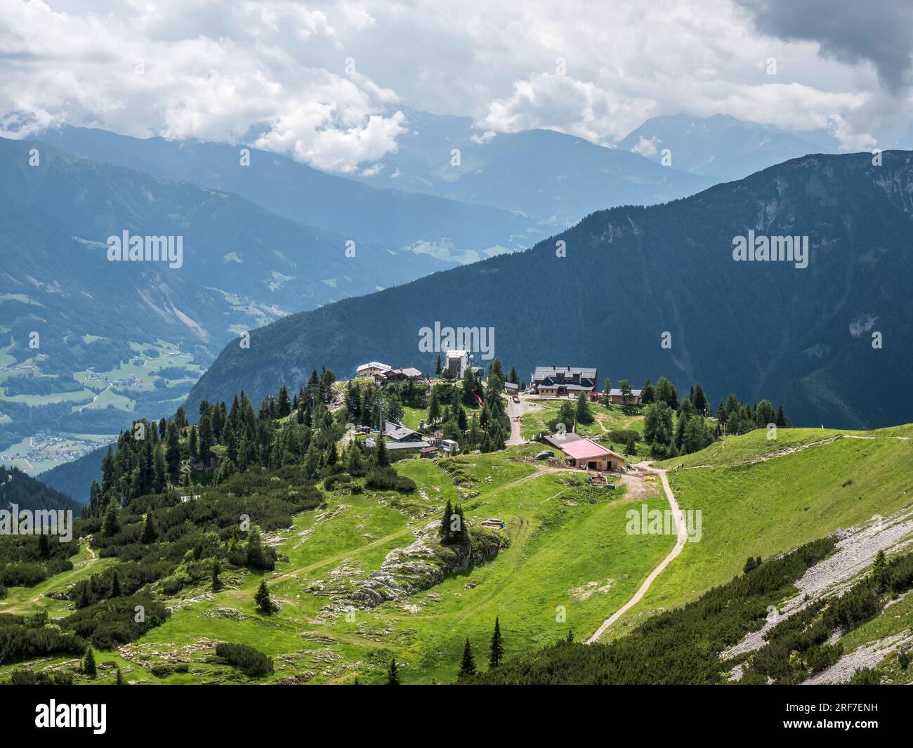 Rugged scenery in the Rofan mountains above the village of Maurach on ...