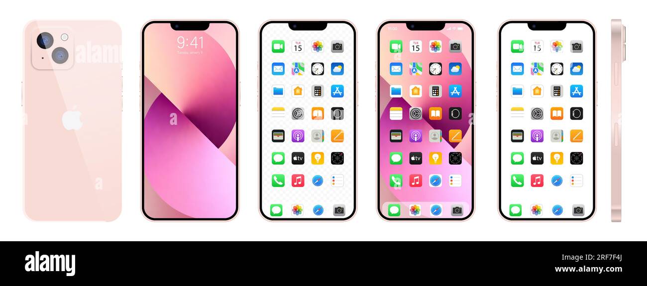 New pink Iphone 14. Apple inc. smartphone with ios 14. Locked screen ...