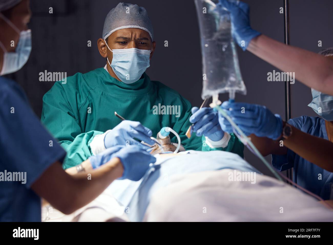 Surgery teamwork, man and surgeon operation, accident emergency service ...