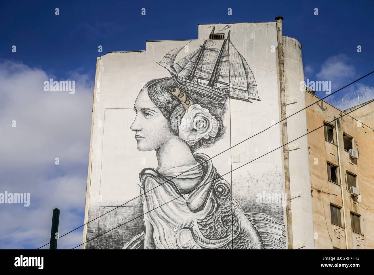 Wandbild, Frau, Segelschiff, Kopf, Metaxourgio Viertel, Athen ...