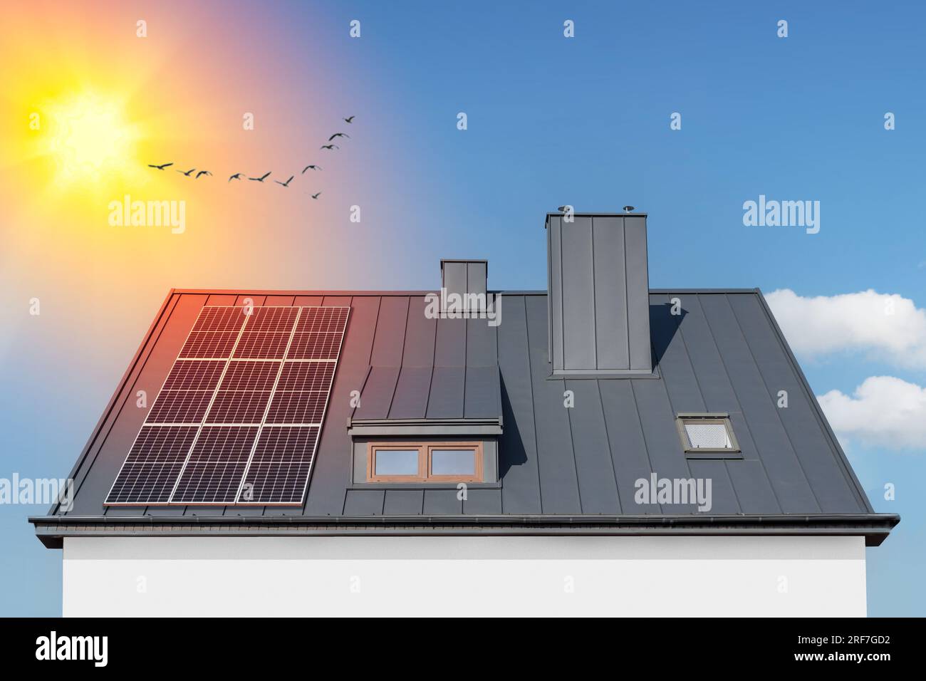 Solar panels elegantly aligned on a house roof, reflecting the sun's ...