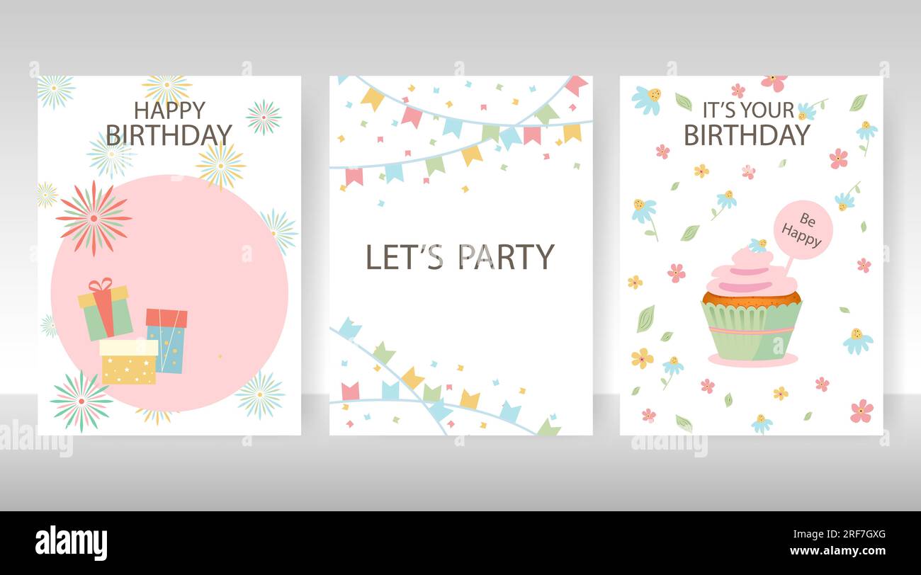 Set of birthday greeting cards with beautiful and lovely cakes against ...