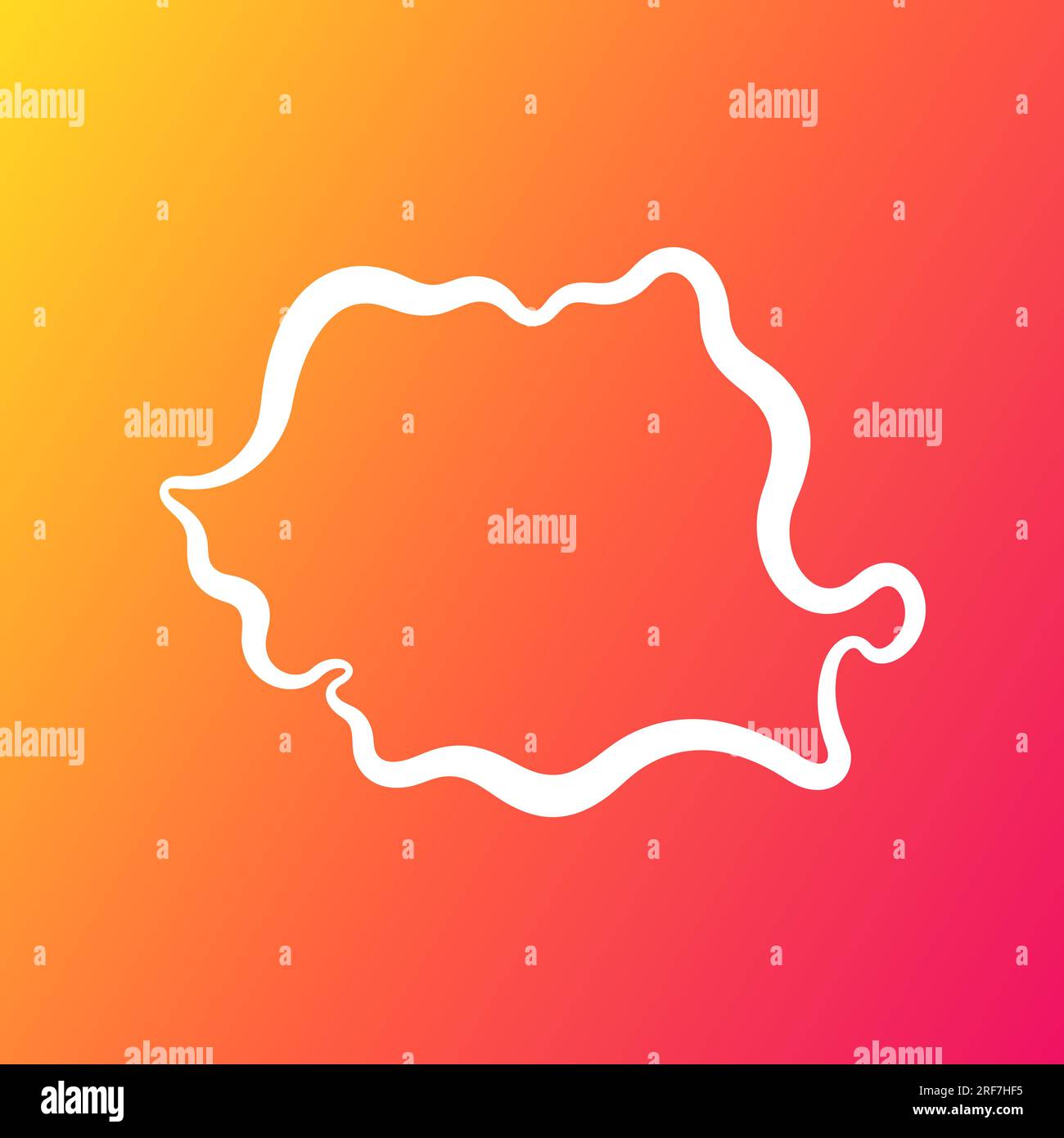 White outline map of Romania on orange and purle gradient background ...