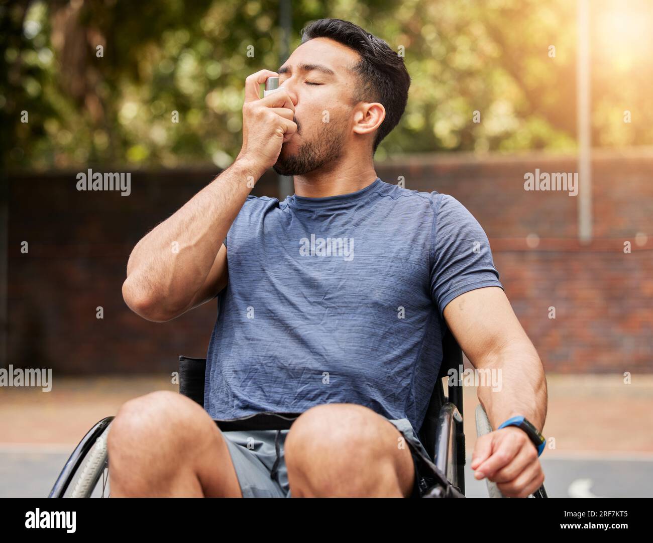 Lung, breathing and asian man in a wheelchair with asthma, pump at ...