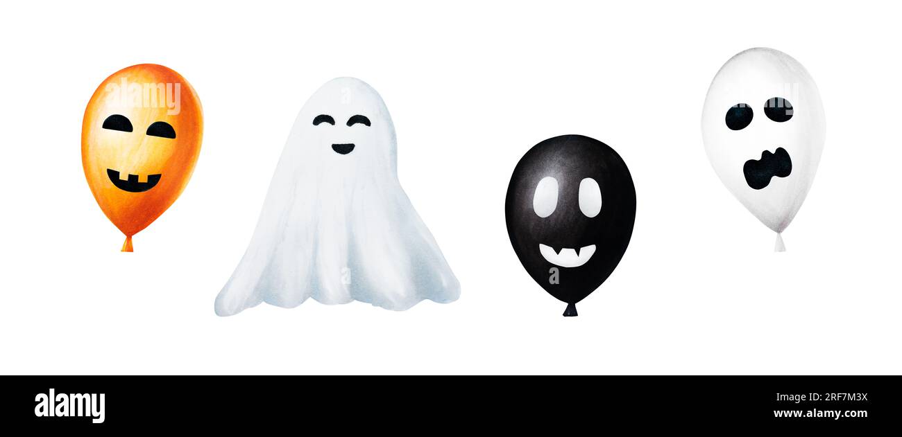 Watercolor Halloween set with balloons and cute ghost illustration with ...