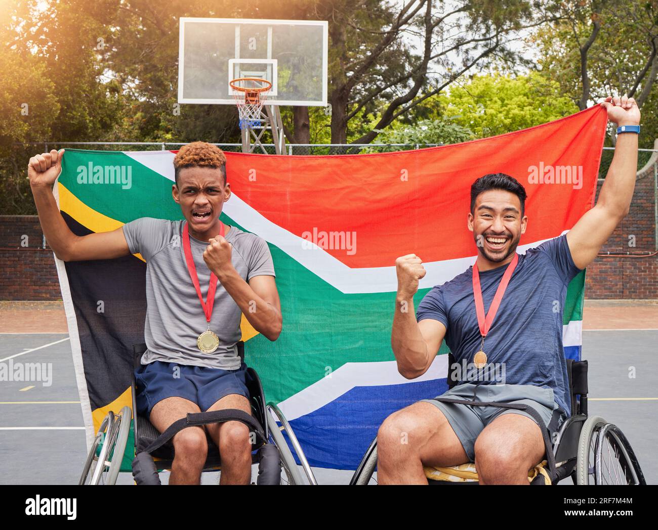 Basketball, winner and flag with men and wheelchair user for success ...