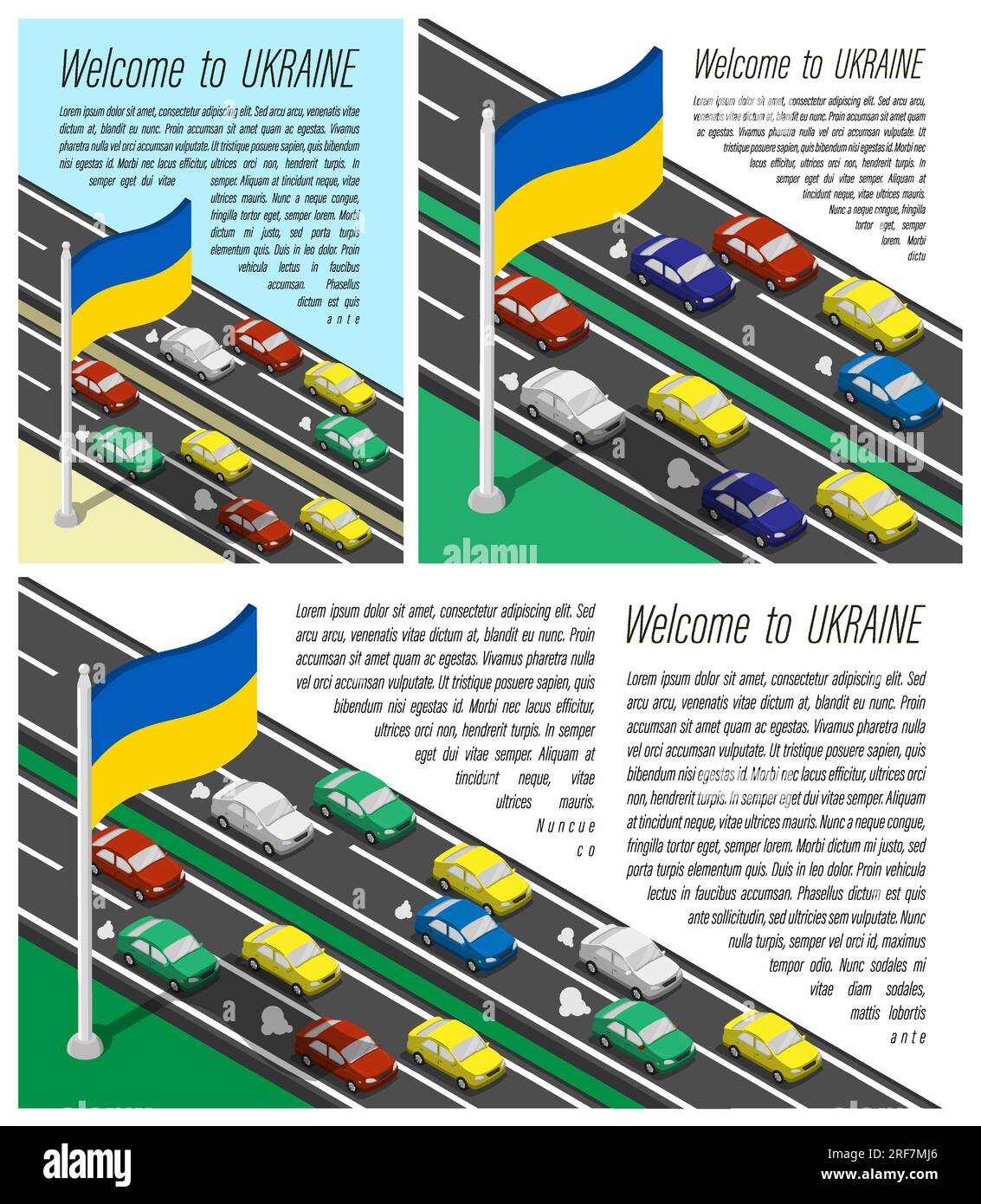 Isometric flag of Ukraine on flagpole fluttering wind. Crossing of ...