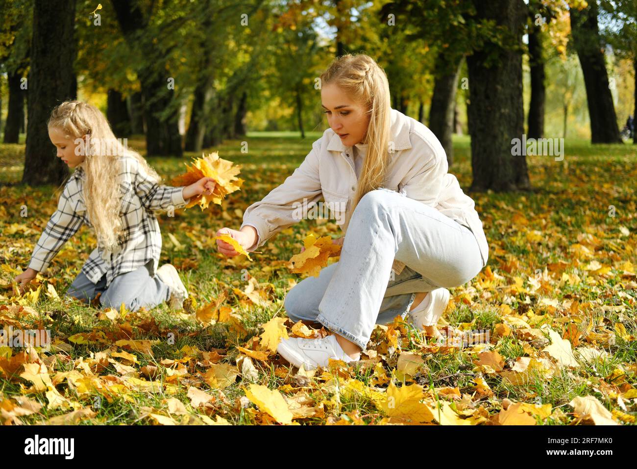 Family spend time together in autumn park. Mother and daughter picking ...