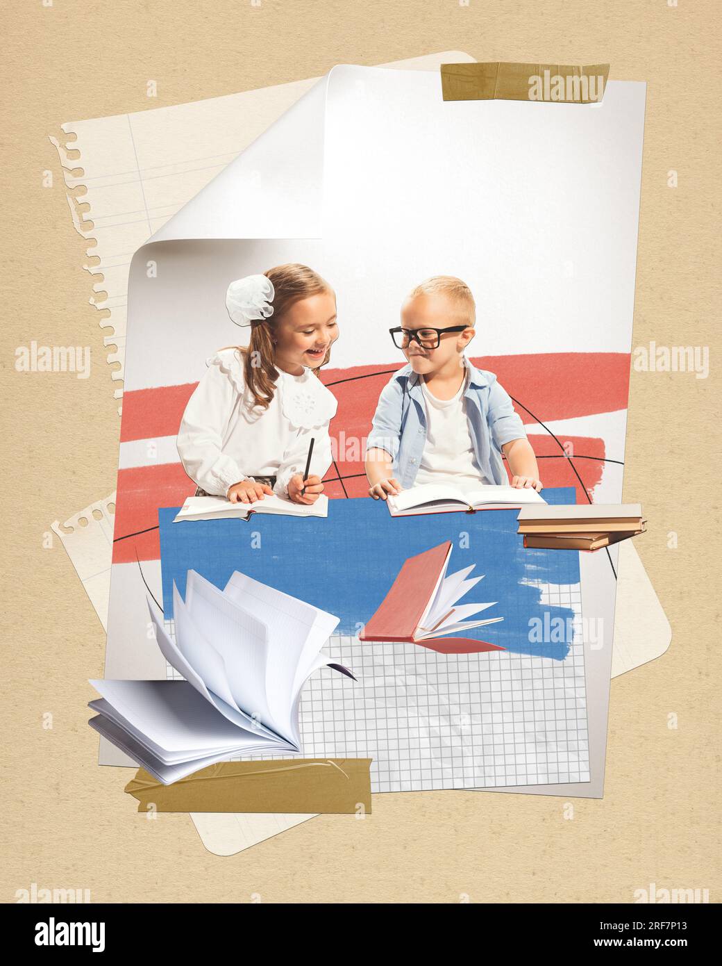 Conceptual art collage. Cheerful little children, boy and girl student ...