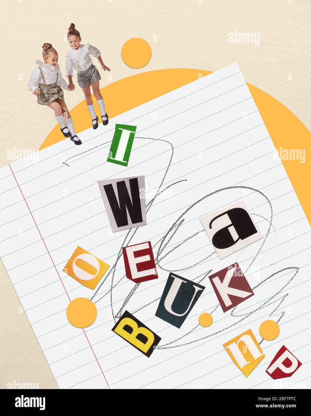 Conceptual art collage. Little girls in school uniform jumpinover ...