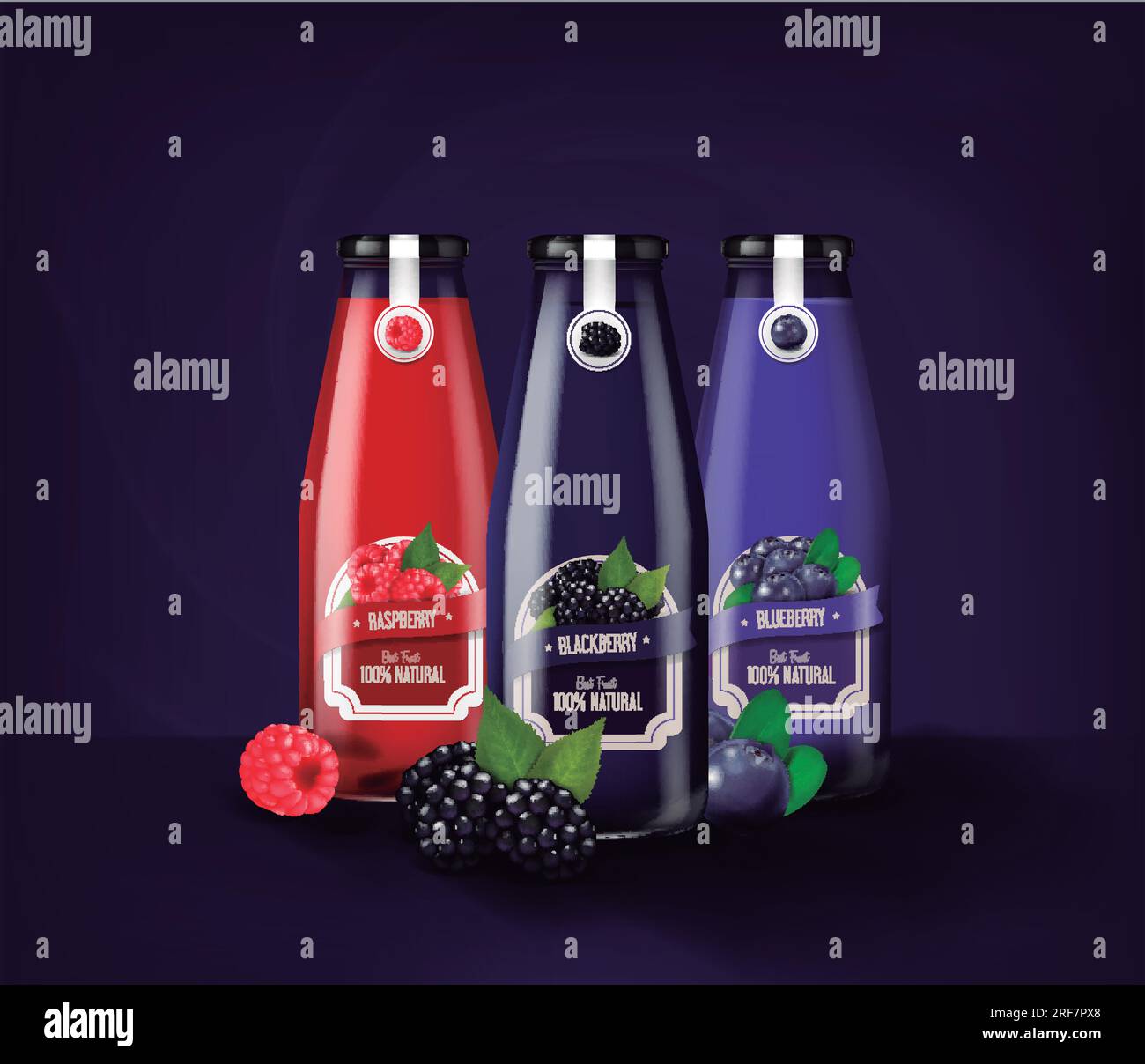 Realistic glass bottle set advertising template of blueberry, raspberry ...