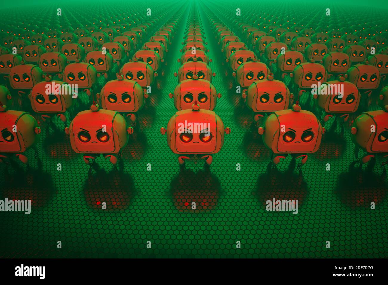 Angry Upset Robot Army Ready to Attack in a Futuristic Green ...