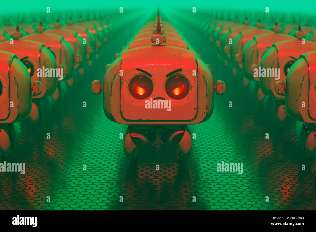 Angry Upset Robot Army Ready to Attack in a Futuristic Green ...