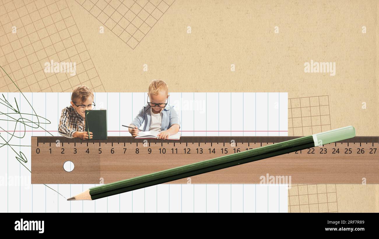 Conceptual art collage. Little boys, children doing math homework ...