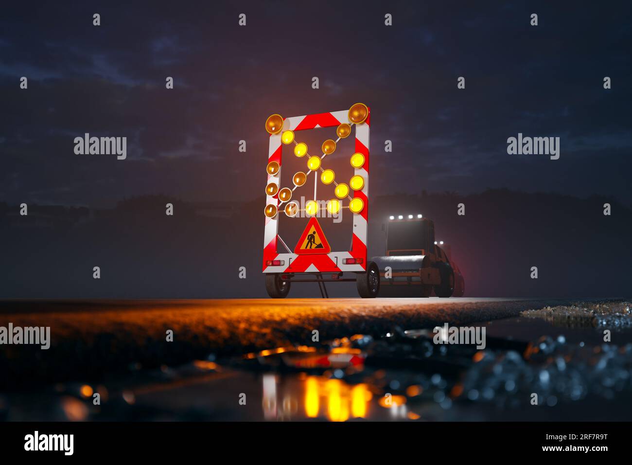 Road Work Sign with Arrow, Flashing Lights, and Road Roller in ...