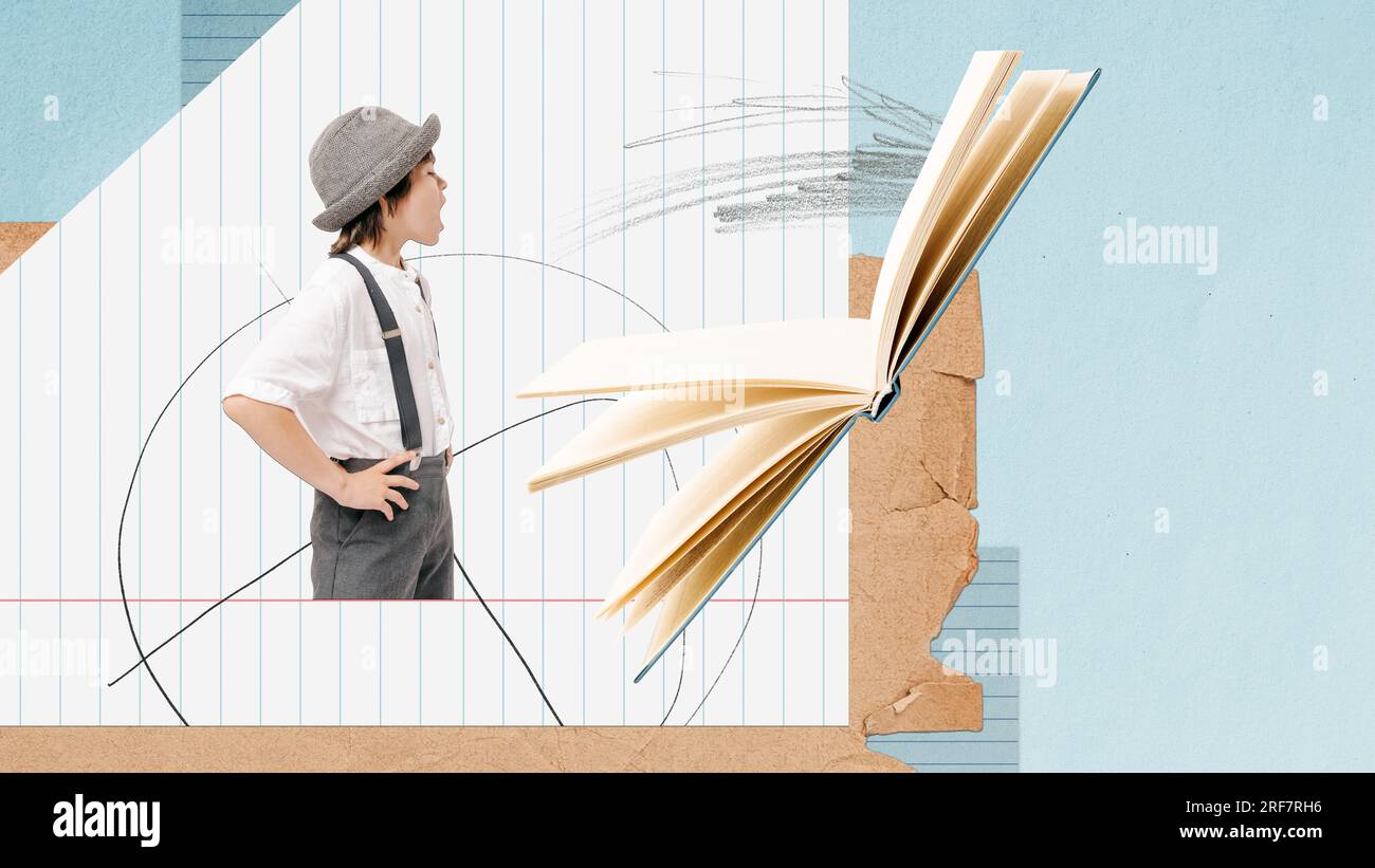 Conceptual art collage. Retro style. Little boy, child doing homework ...