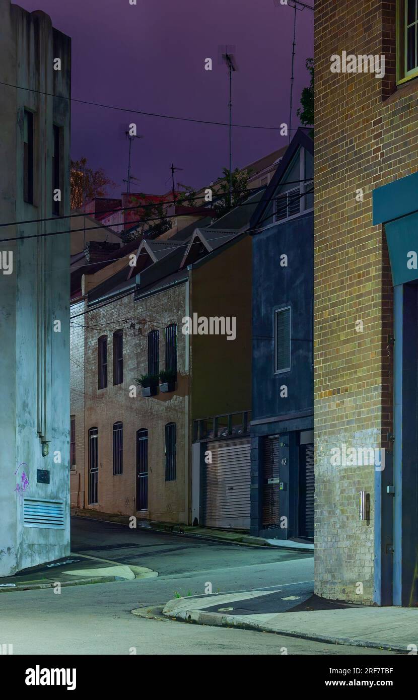 A night view of Little Riley Street in Surry Hills at its intersection ...