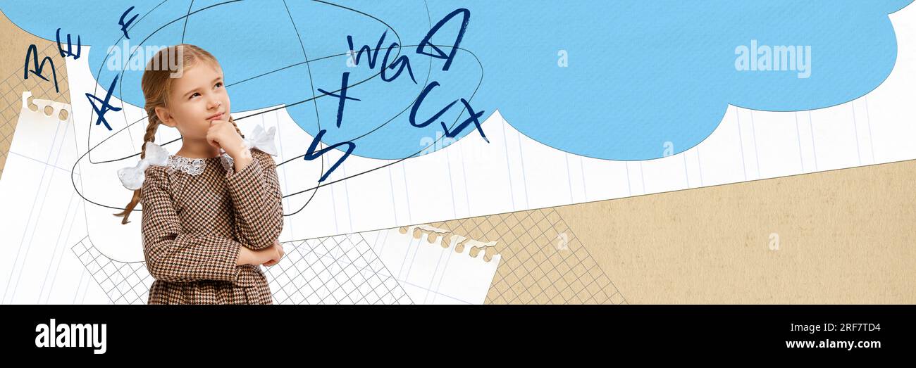 Conceptual art collage. Little smart, curious, pretty girl, child ...