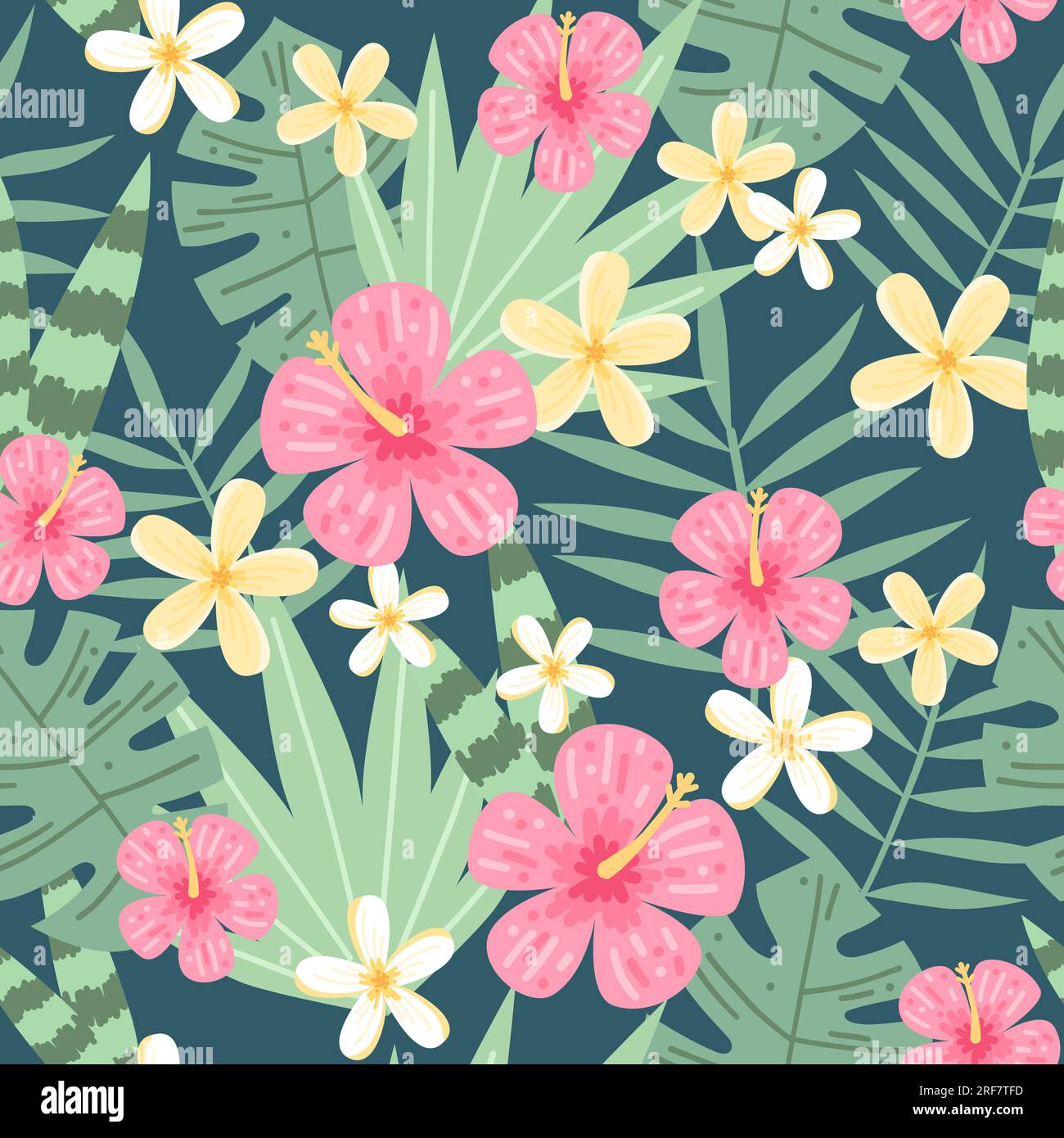 Tropical leaves and flowers seamless patterns, hand drawn colorful ...
