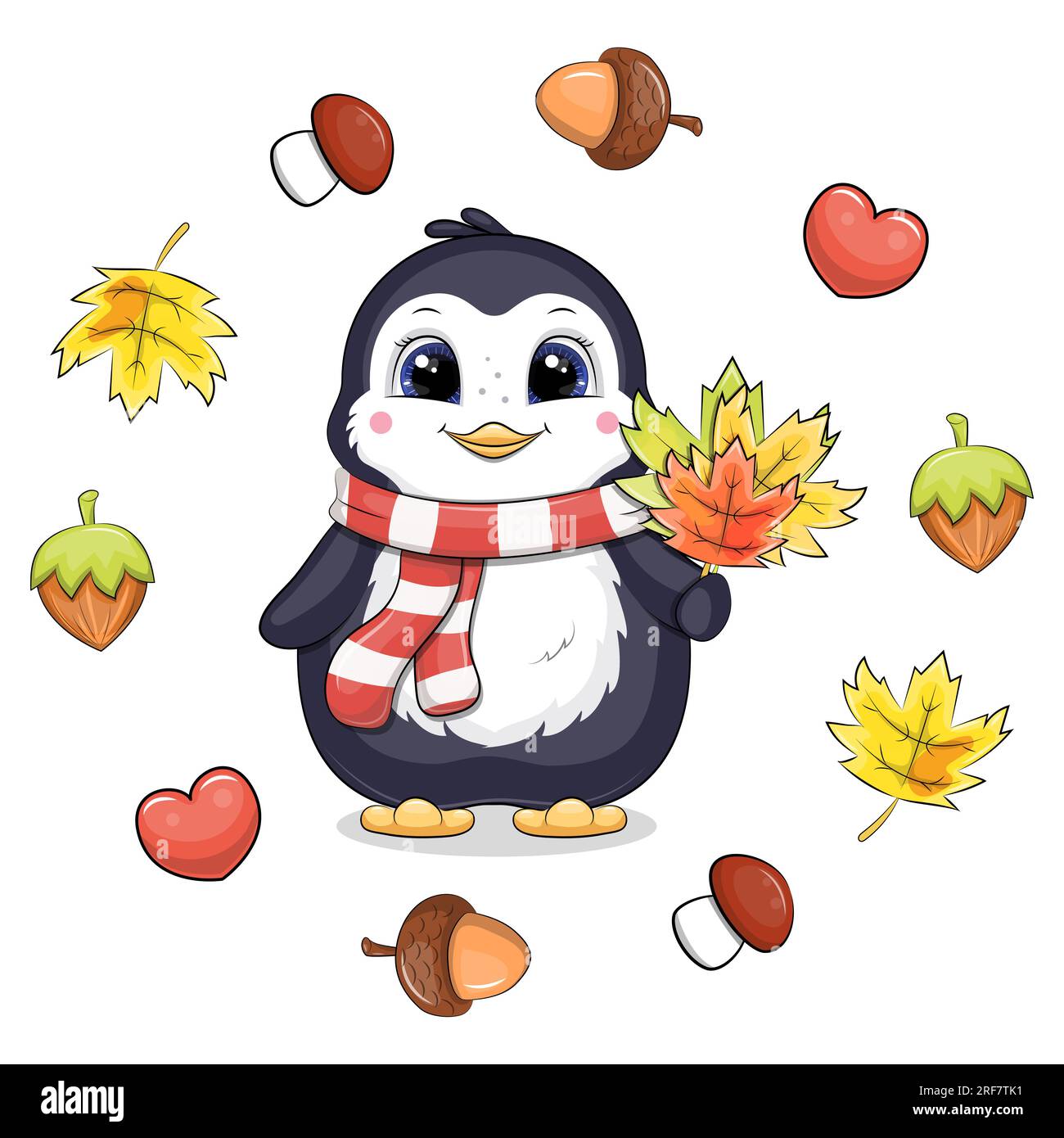 Cute cartoon penguin with fallen leaves. Autumn vector illustration of ...
