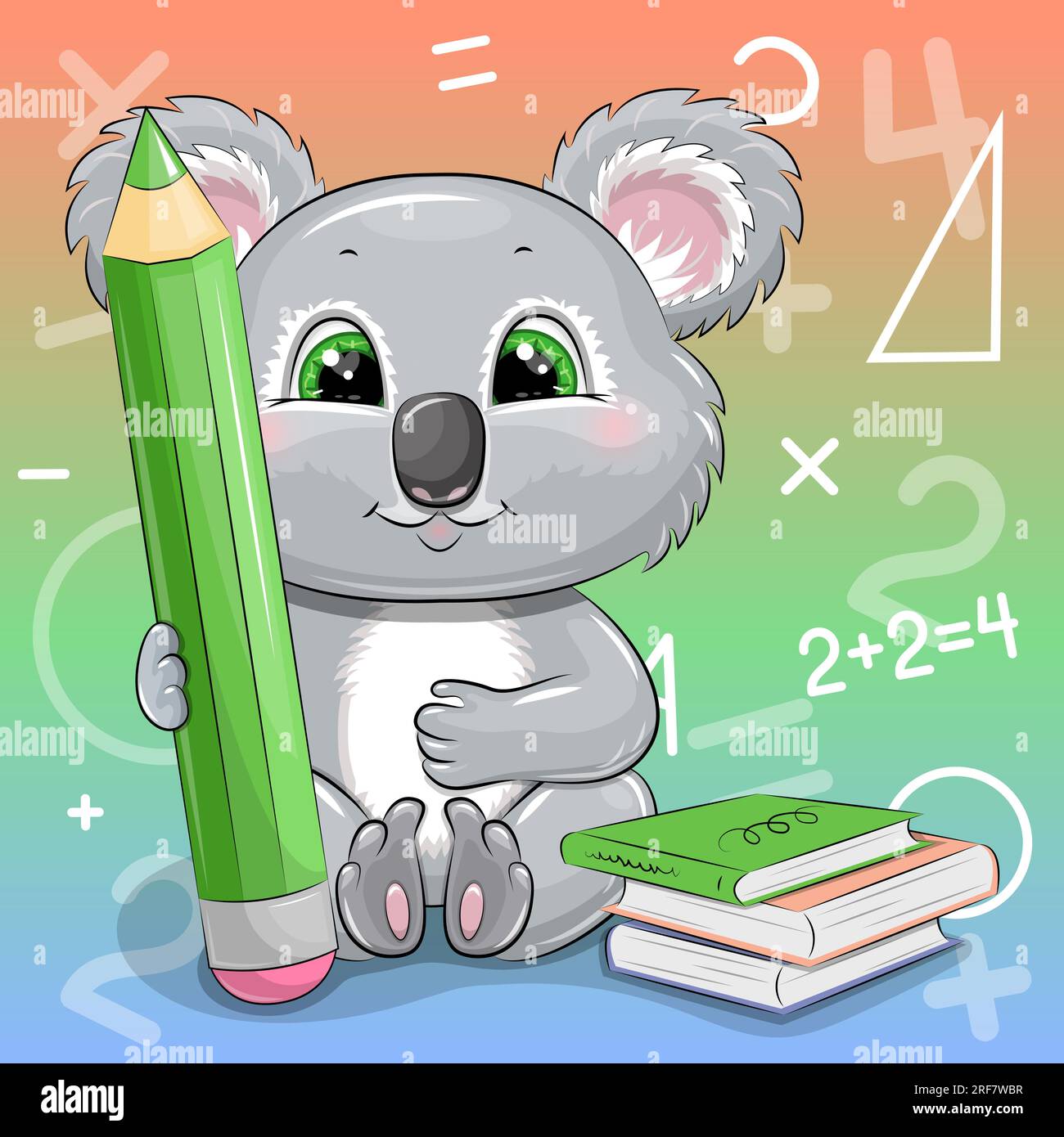 Cute cartoon koala with a big green pencil and books. School vector ...