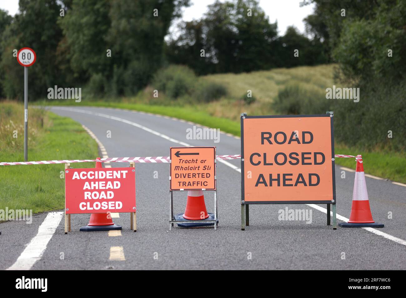 Road closure signs on the N54 outside Clones, Co. Monaghan. Two teenage ...