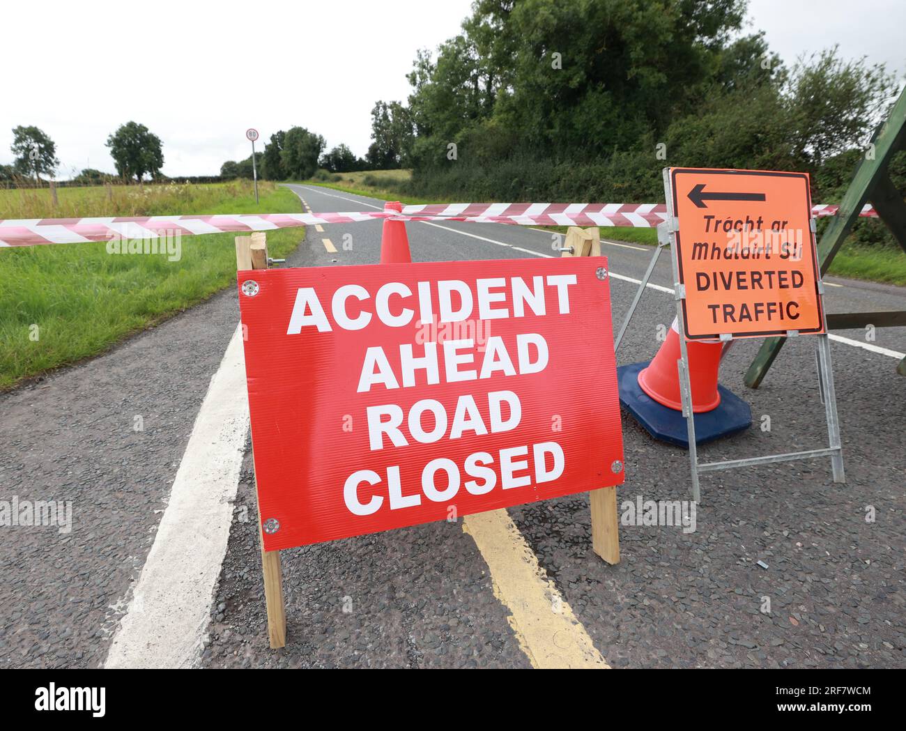 Road closure signs on the N54 outside Clones, Co. Monaghan. Two teenage ...