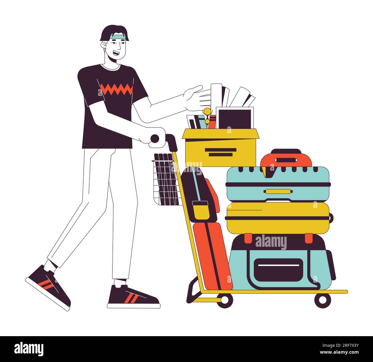 College freshman with belongings flat line vector spot illustration ...