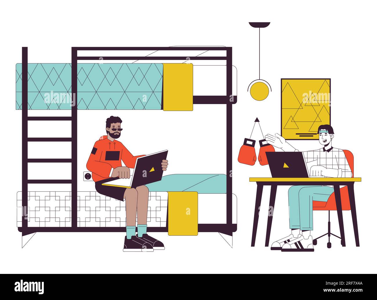 Dorm roommates studying together flat line vector spot illustration ...