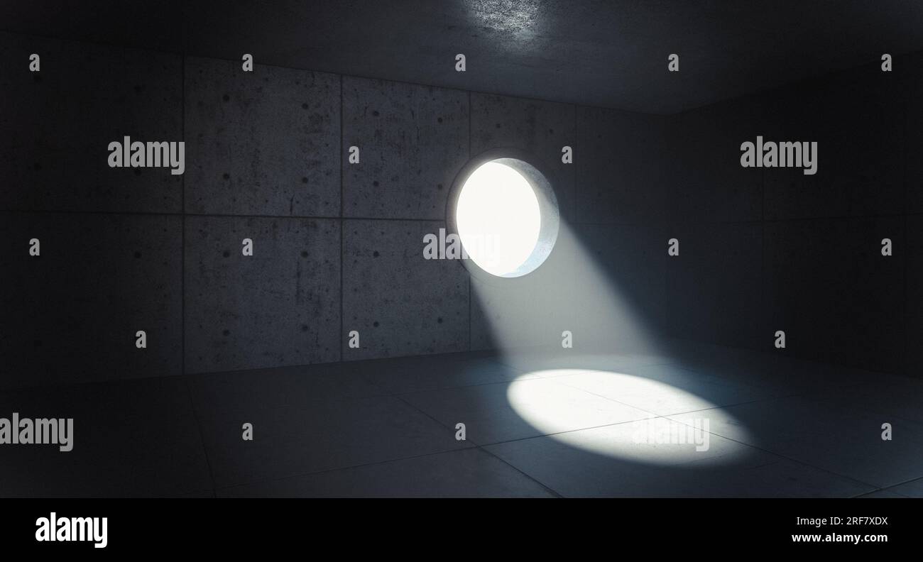 concrete interior with circular window through which beams of light ...