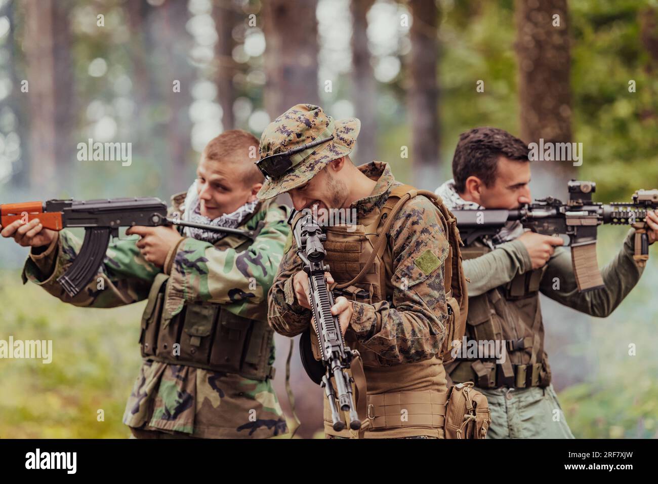 Goup of soldiers in oposit sides celebrating peace after battle Stock ...