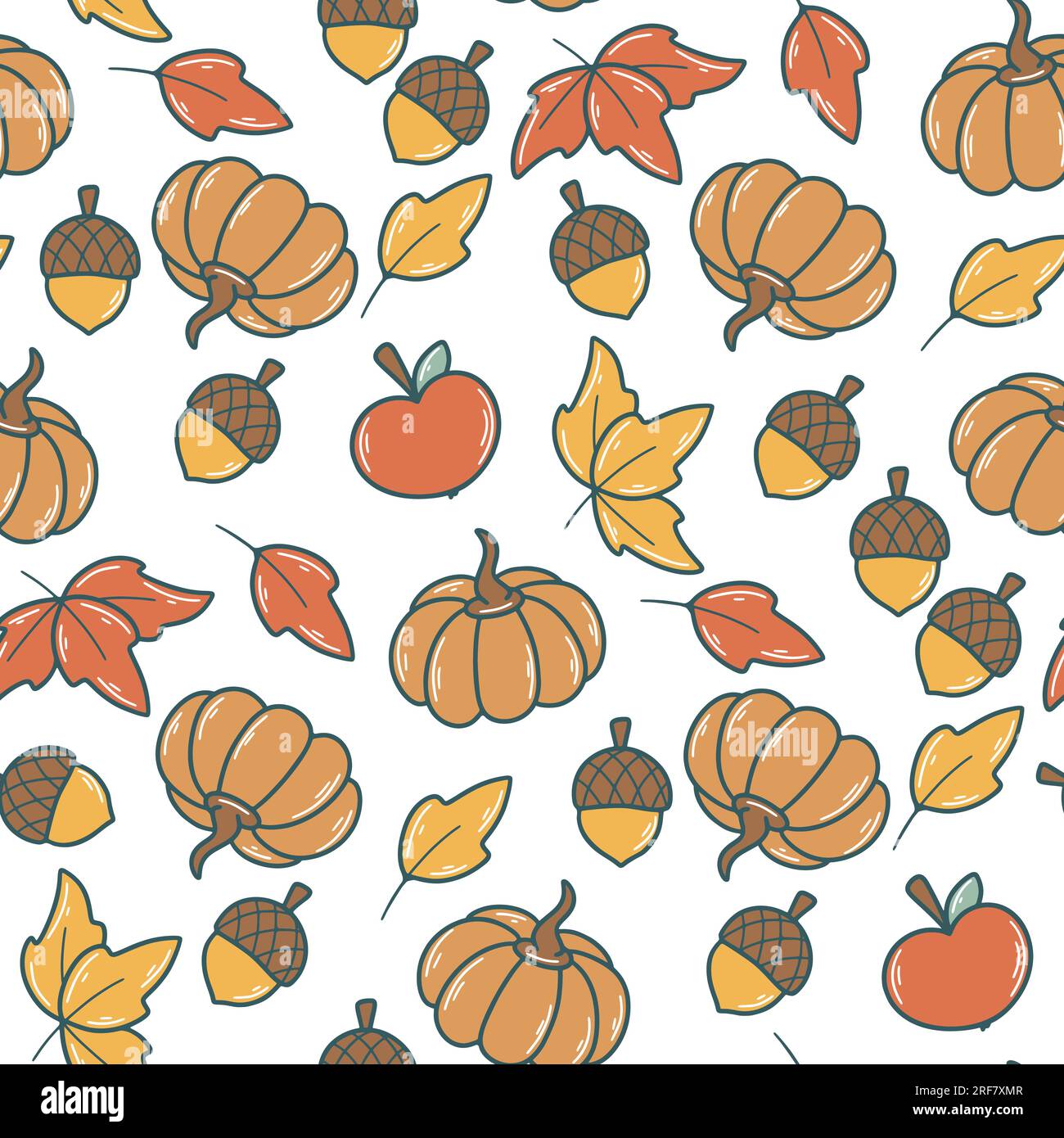 Autumn natural seamless pattern. Background with maple leaves, acorns, apples and pumpkins ...