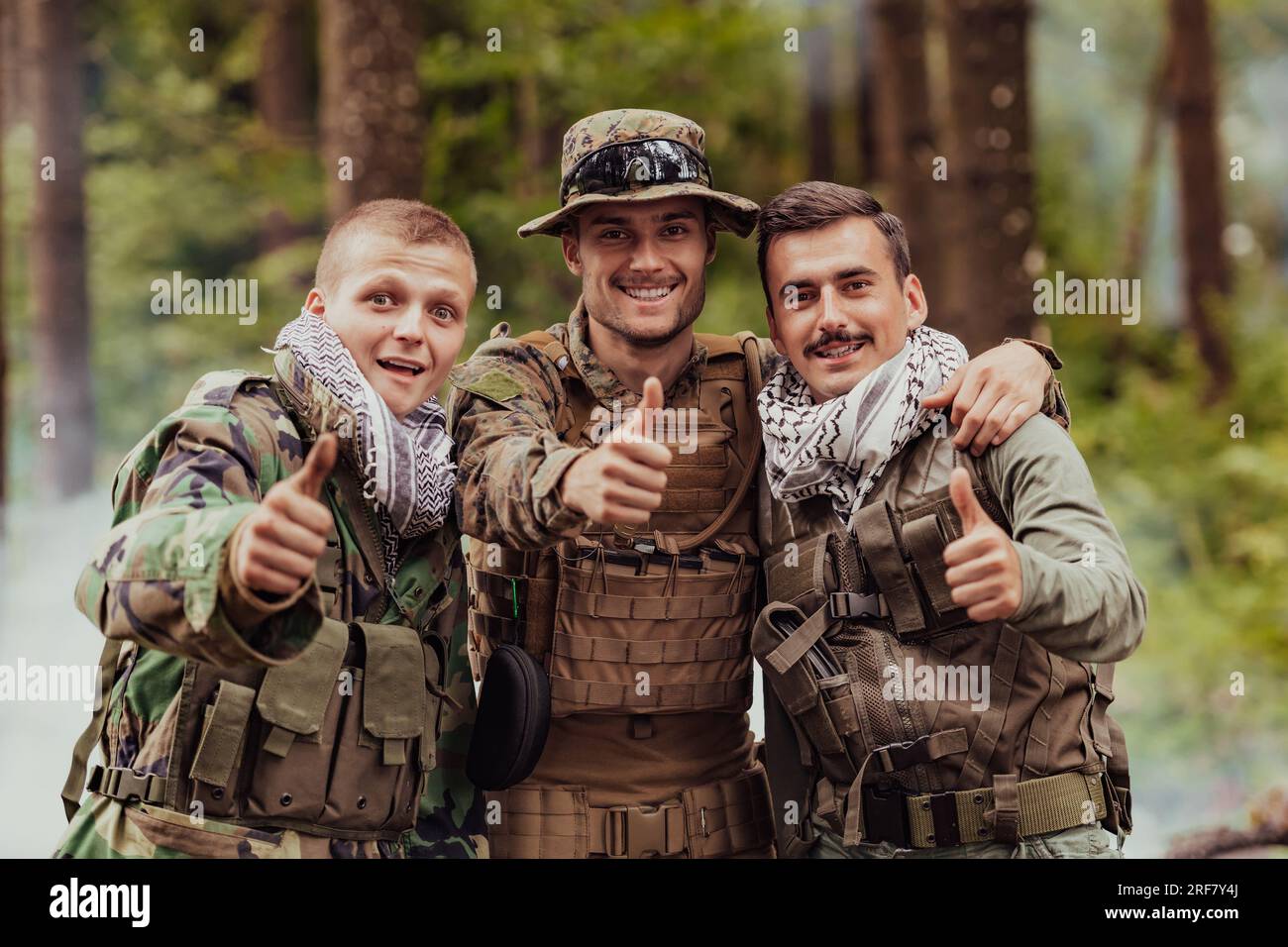 Group of soldiers in oposit sides celebrating peace after battle Stock ...