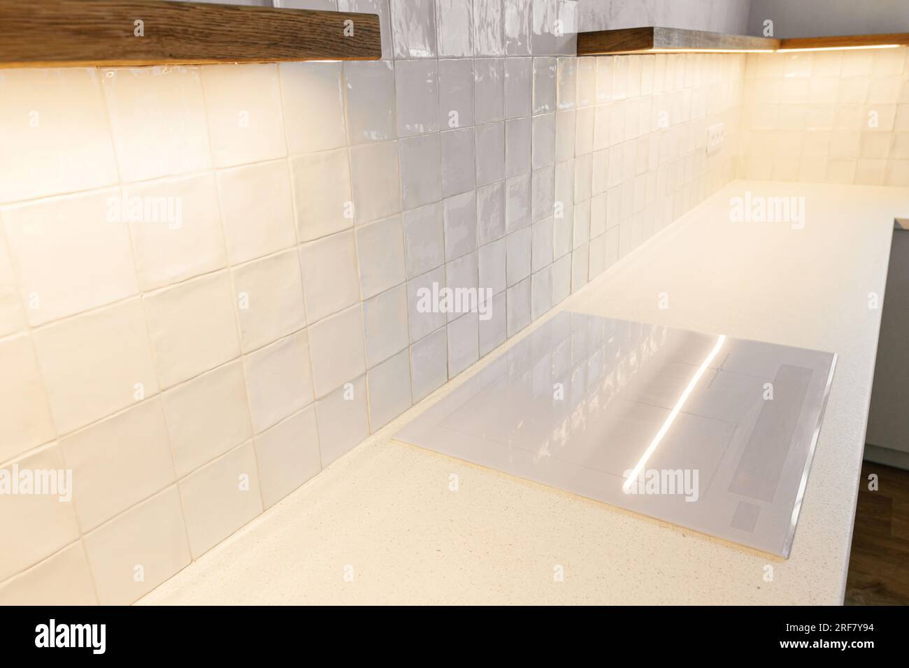 Modern minimal kitchen design. Stylish white electric cooker, kitchen ...