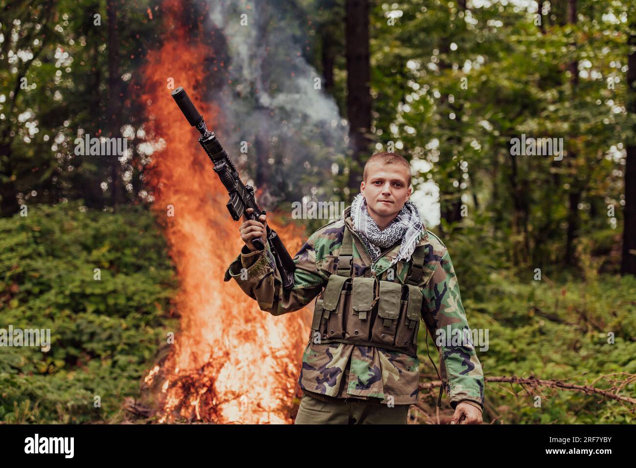 Angry terrorist militant guerrilla soldier warrior in forest Stock ...