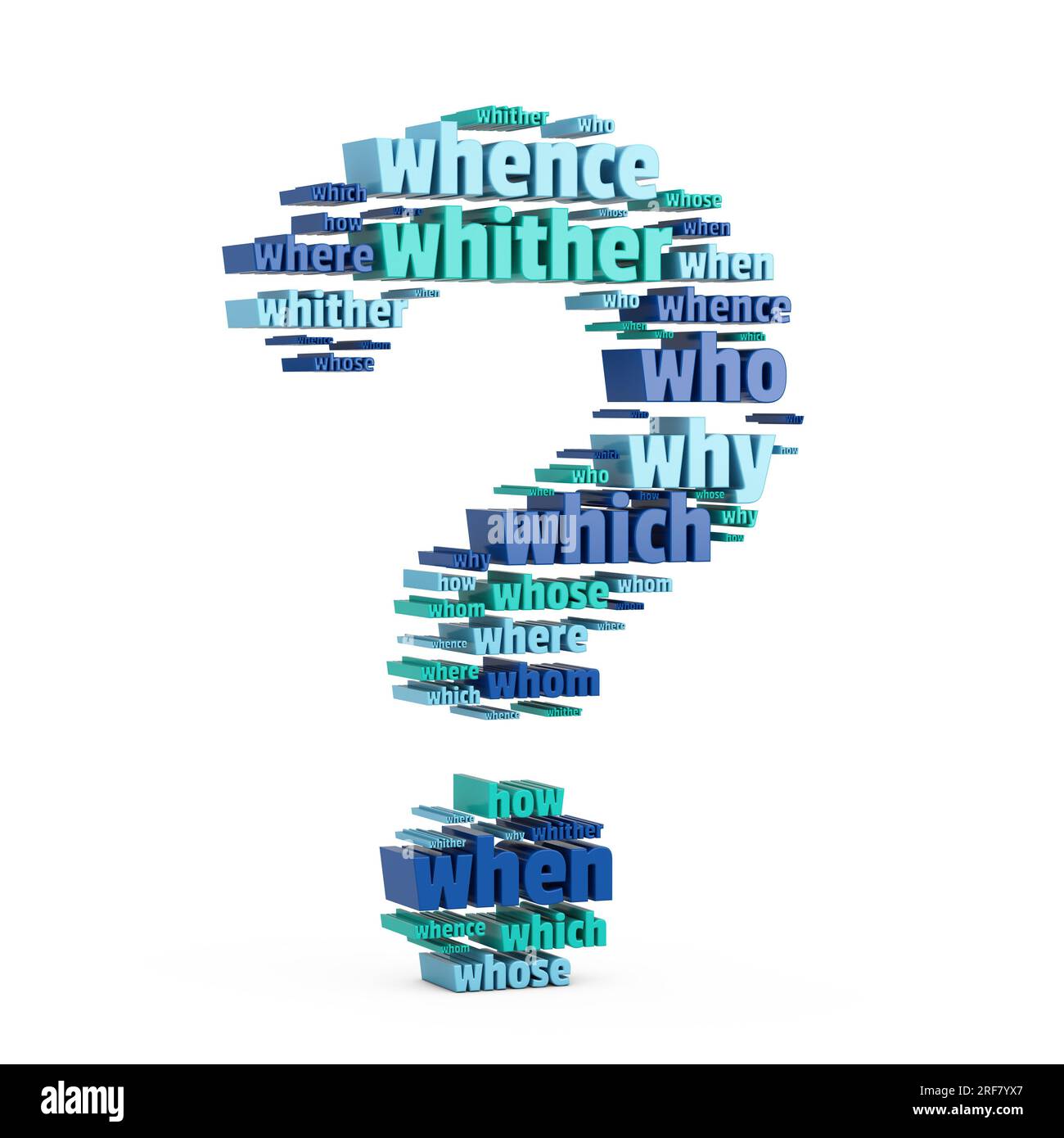 Question Words in Shape of Question Mark on a white background. 3d ...