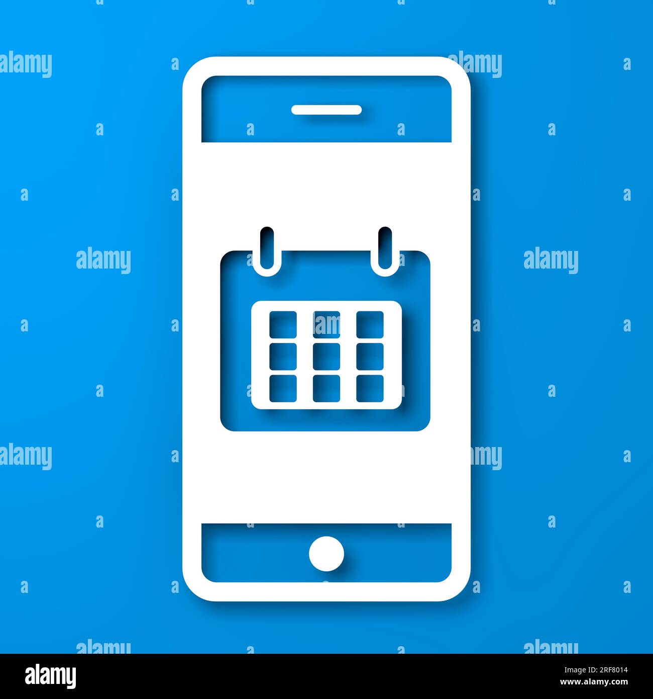 White Paper Cut Mobile Phone with Calendar App Icon on Screen on a blue ...