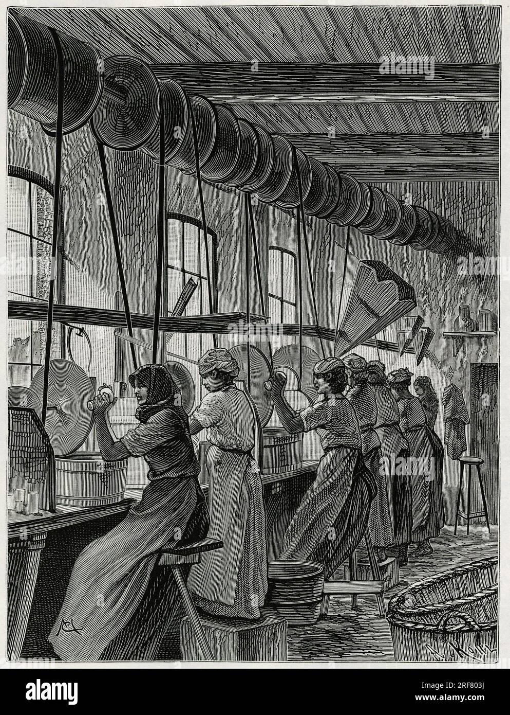 Un atelier de femmes a la verrerie du Val Saint Lambert. Gravure de C ...