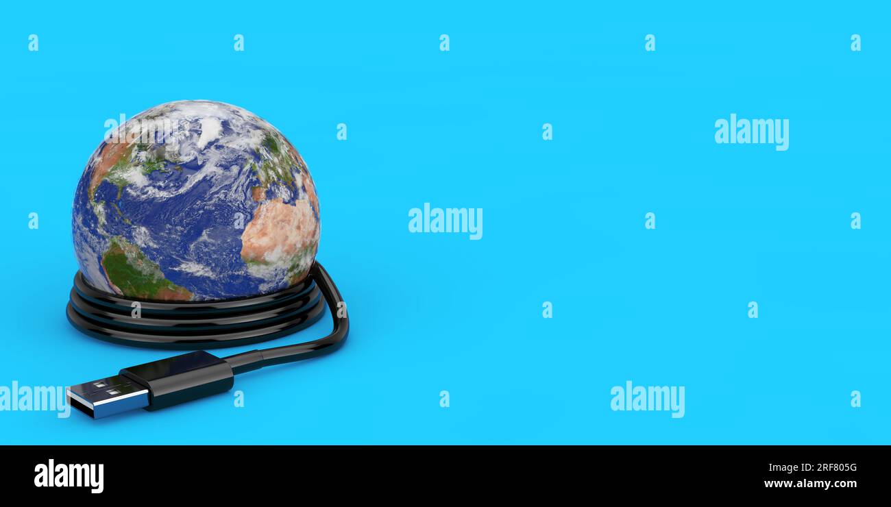 Planete Earth World Globe with USB Cable on a blue background. Elements ...