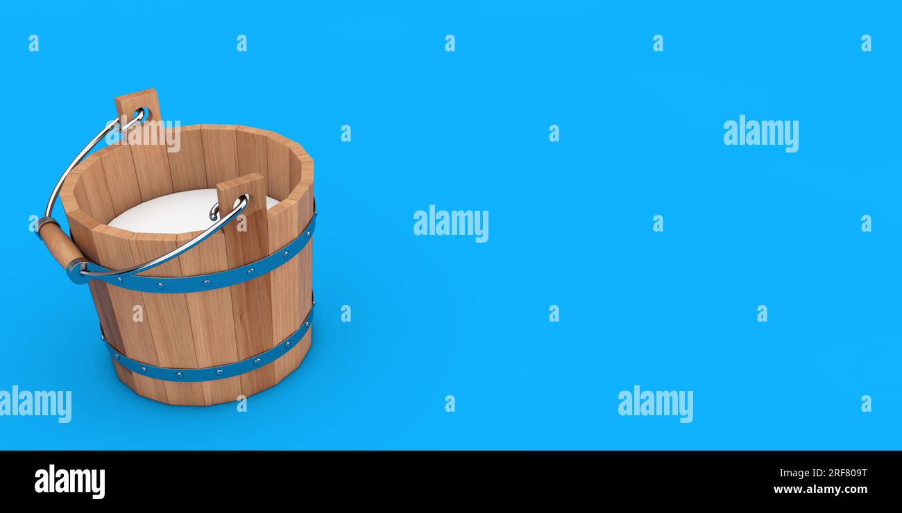 Wooden Bucket Filled with Fresh Milk on a blue background. 3d Rendering ...